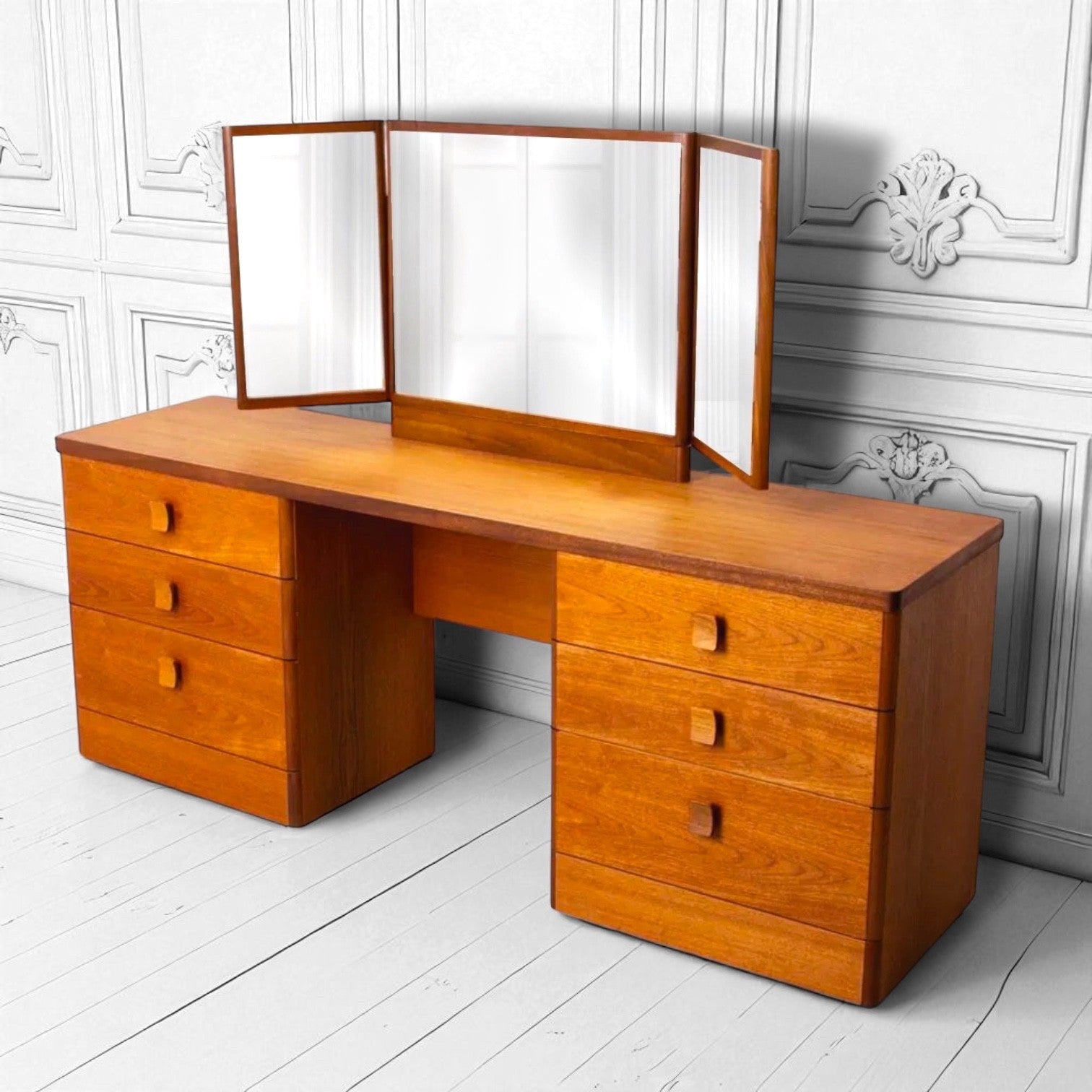 Mid Century Stag Cantata Teak Dressing Table - Triple Mirror – the ...
